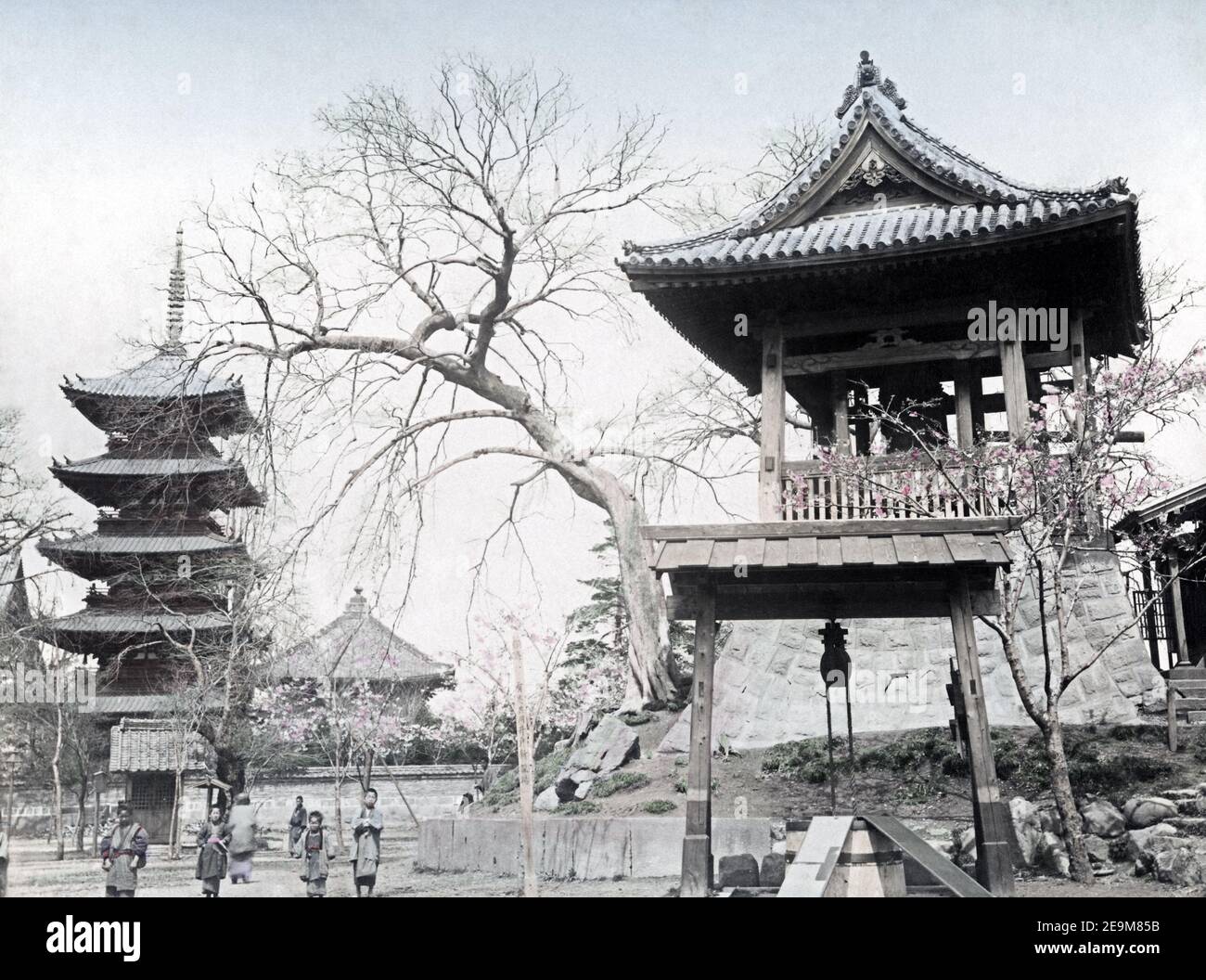 Late 19th century photograph - Bell and pagoda, Asakusa, Tokyo, Japan ...