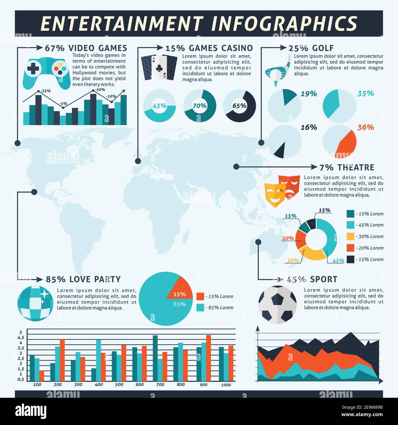 Entertainment infographics set with sport gambling alcohol symbols and ...