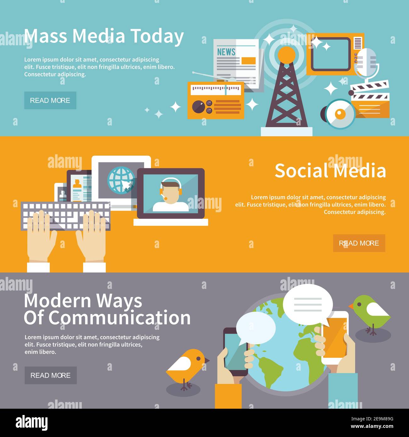 Social mass media banner horizontal set communication elements isolated ...