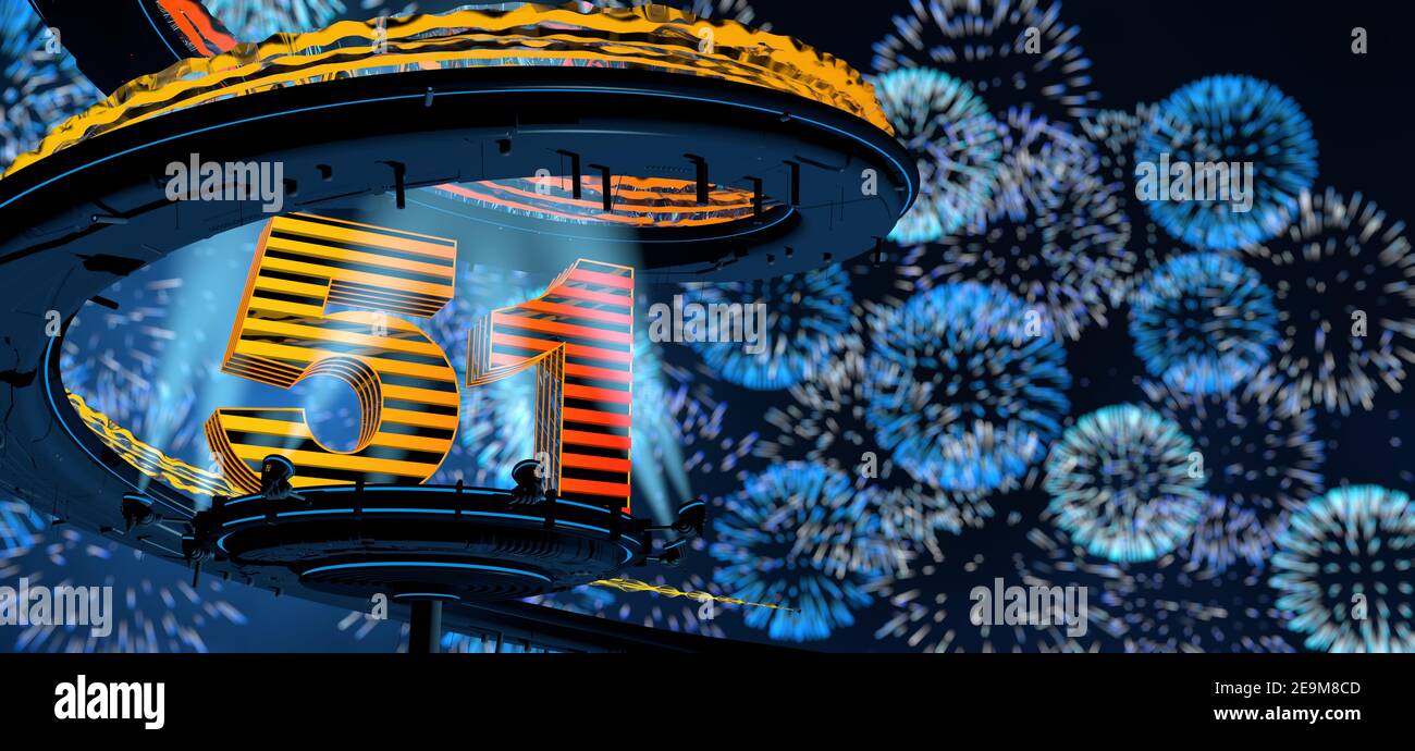 Number 51 formed by a yellow structure on a round metal platform ...