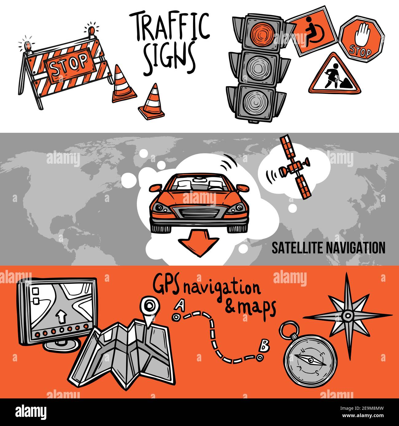 Navigation horizontal hand drawn banner set with traffic signs gps and ...