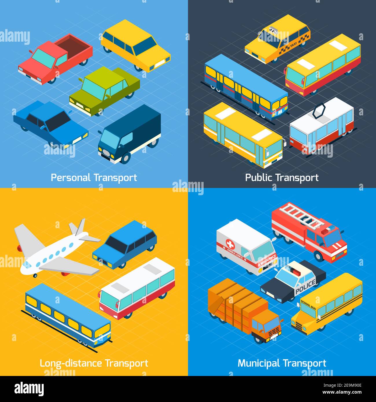 Transport design concept set with public personal long-distance and ...