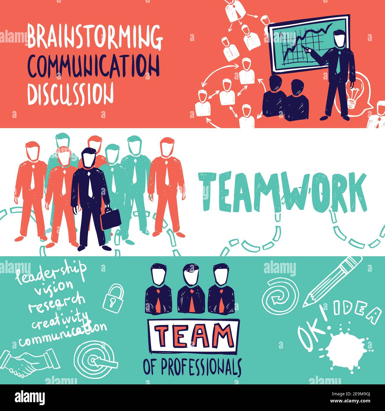 Teamwork banners horizontal set with brainstorming communication discussion sketch elements ...
