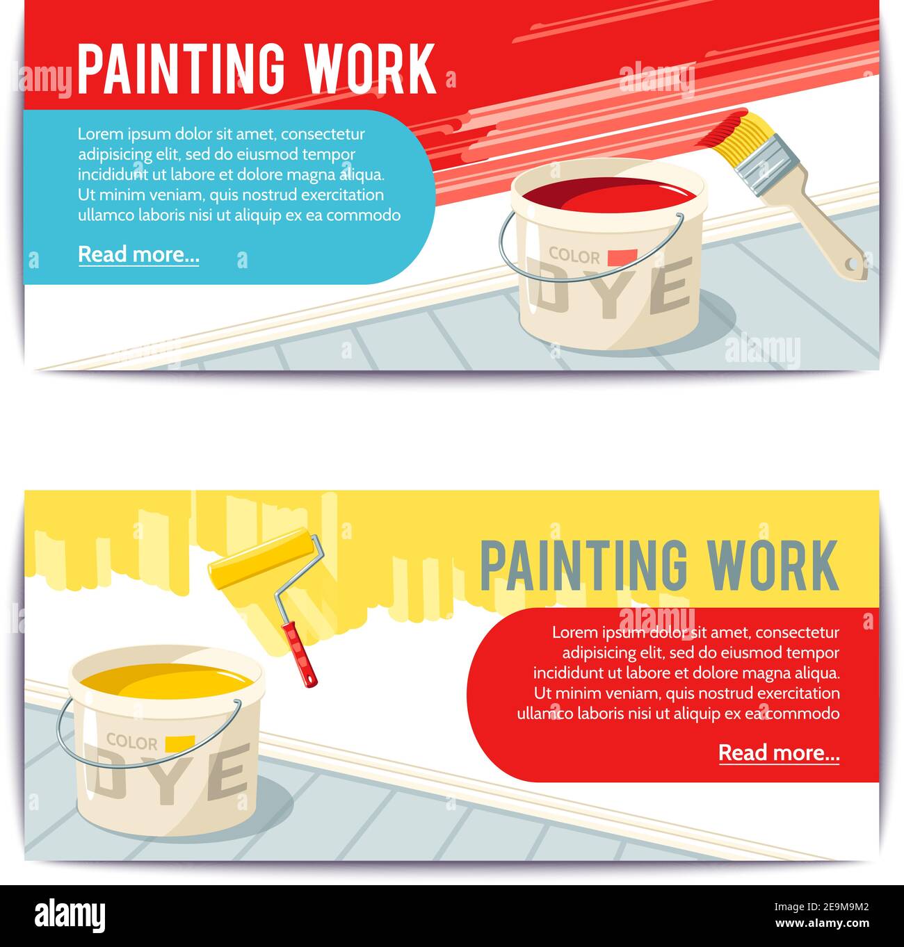 Painting work horizontal banners set with bucket brush and roller ...