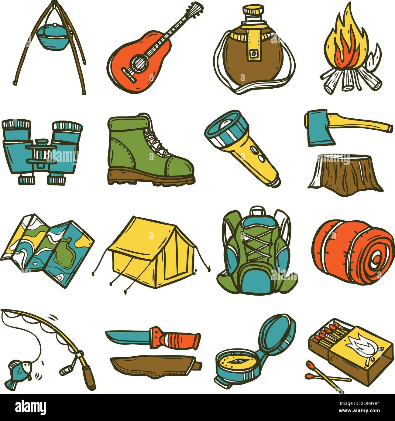 Camping sketch icon set with tent axe compass lantern isolated vector ...