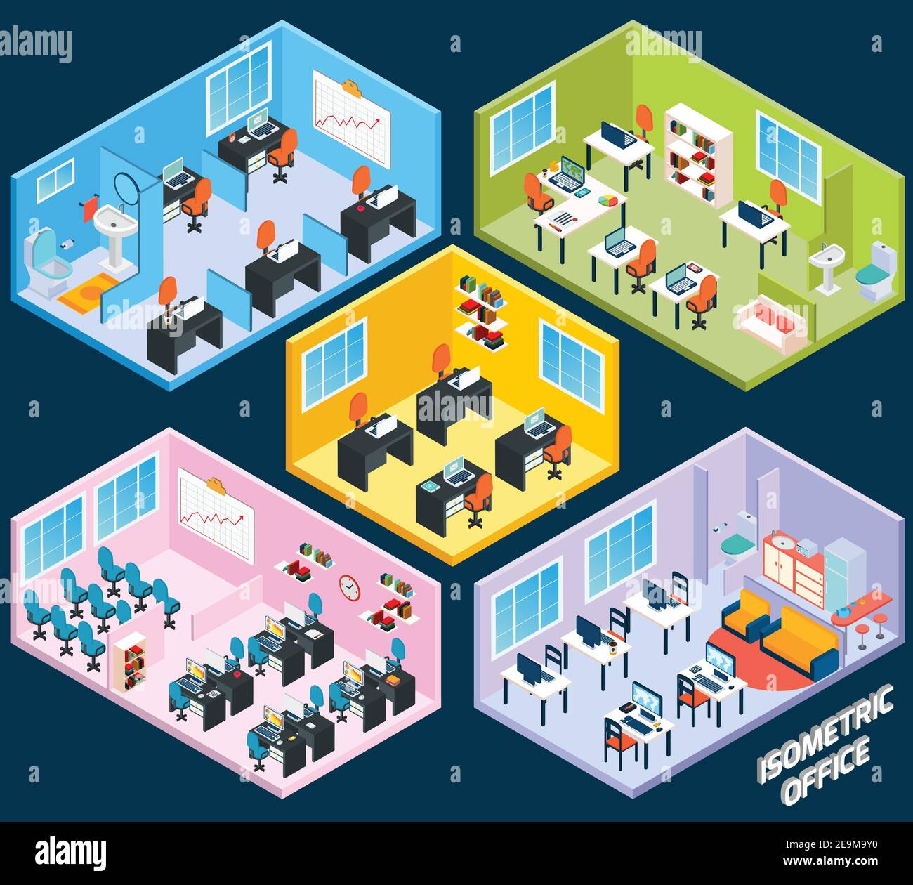 Isometric office interior with working conference and meeting room ...