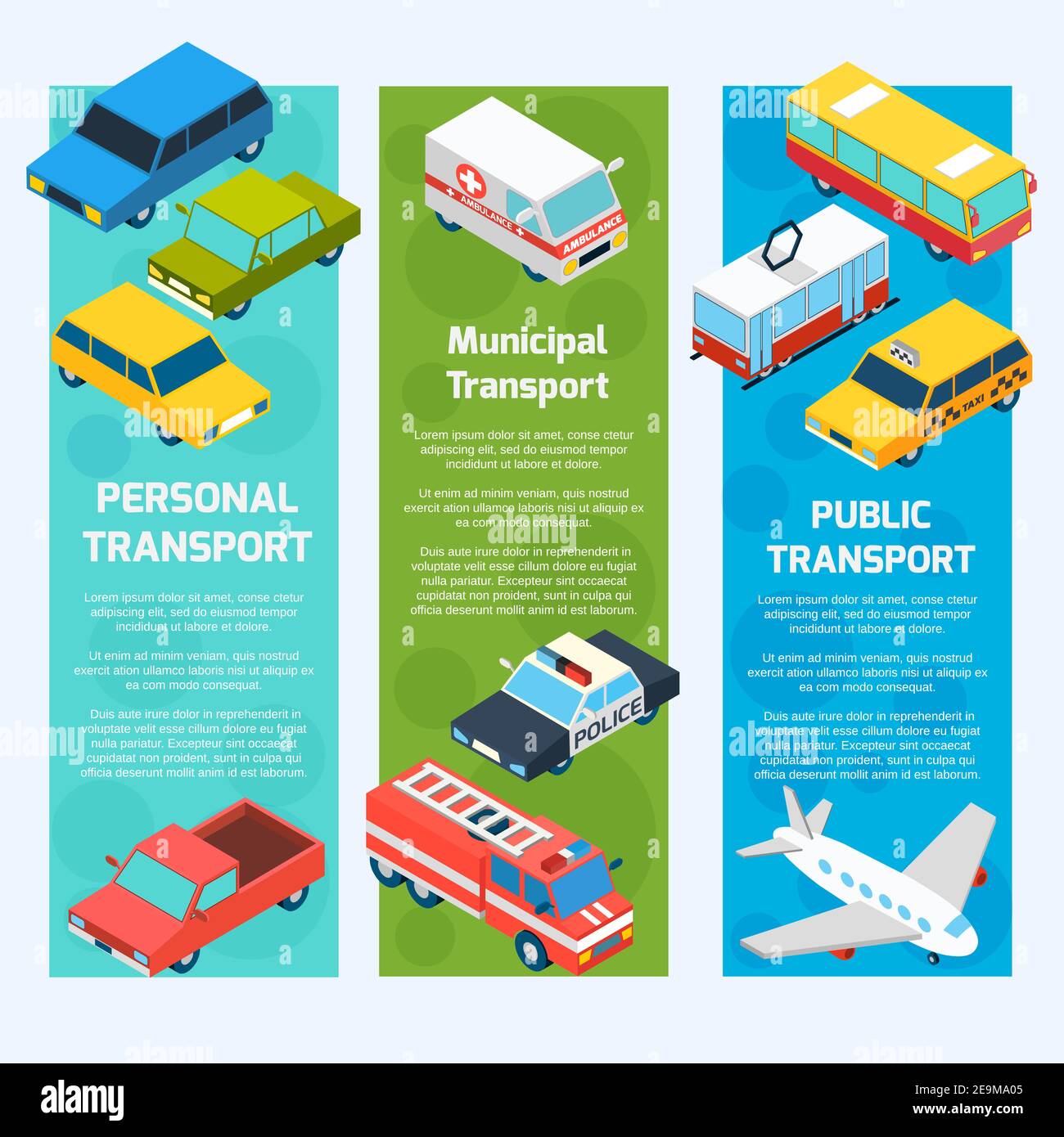 Transport isometric banners vertical set with 3d passenger vehicles ...