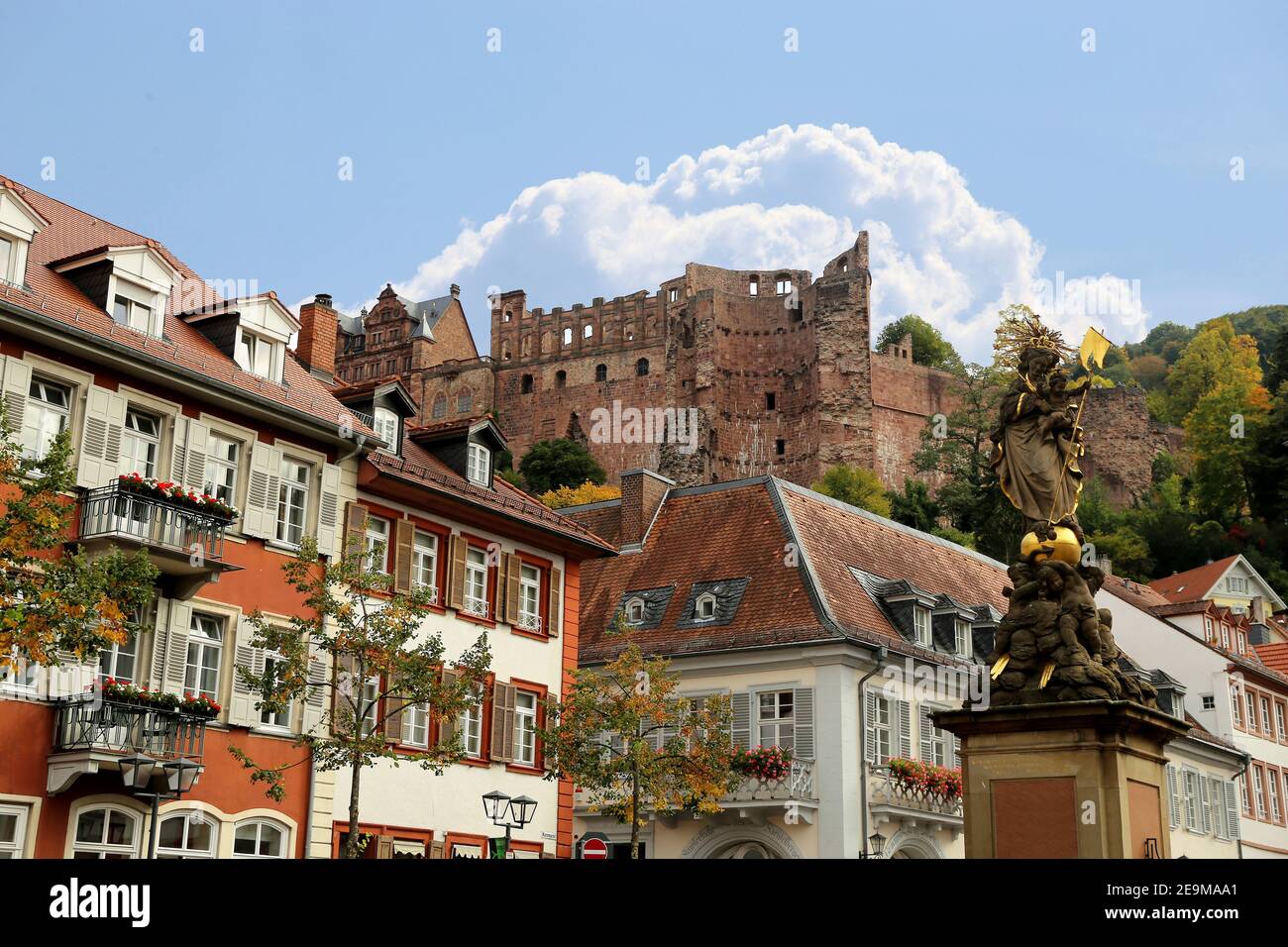 The town center of Heidelberg (Germany), in the background the castle ...