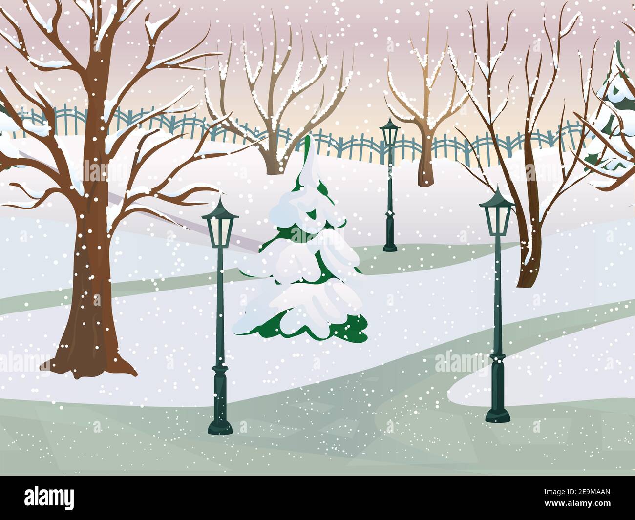 Winter park 2d game landscape with trees covered with snow flat vector ...
