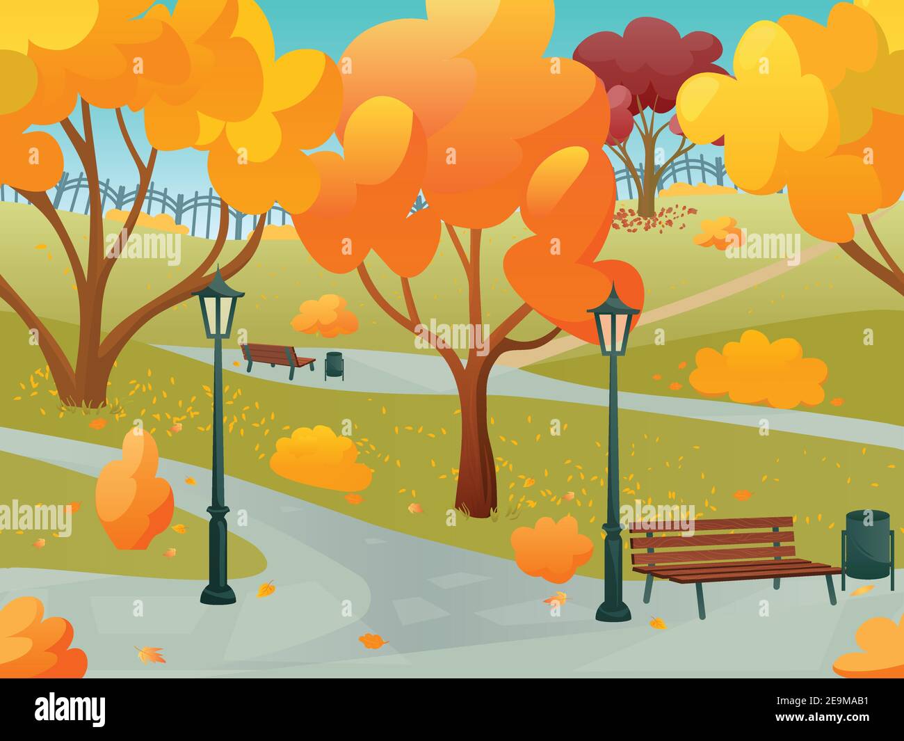 Autumn park 2d game landscape with orange leaf trees flat vector ...