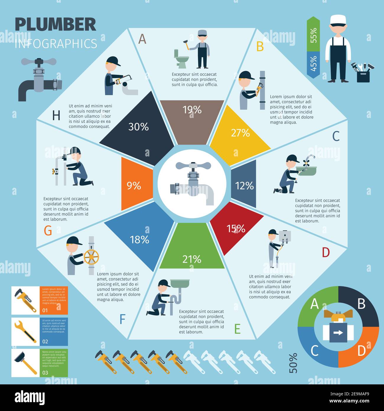 Plumber infographics set with wc and bathroom supply symbols and chart ...