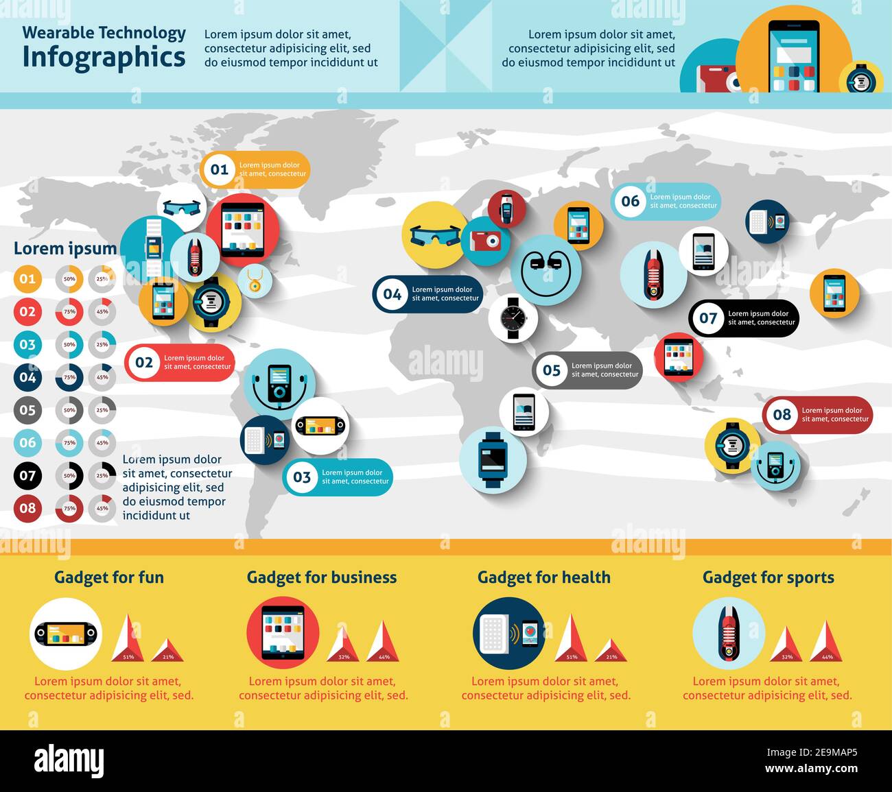 Wearable technology infographics set with smart gadgets and charts ...