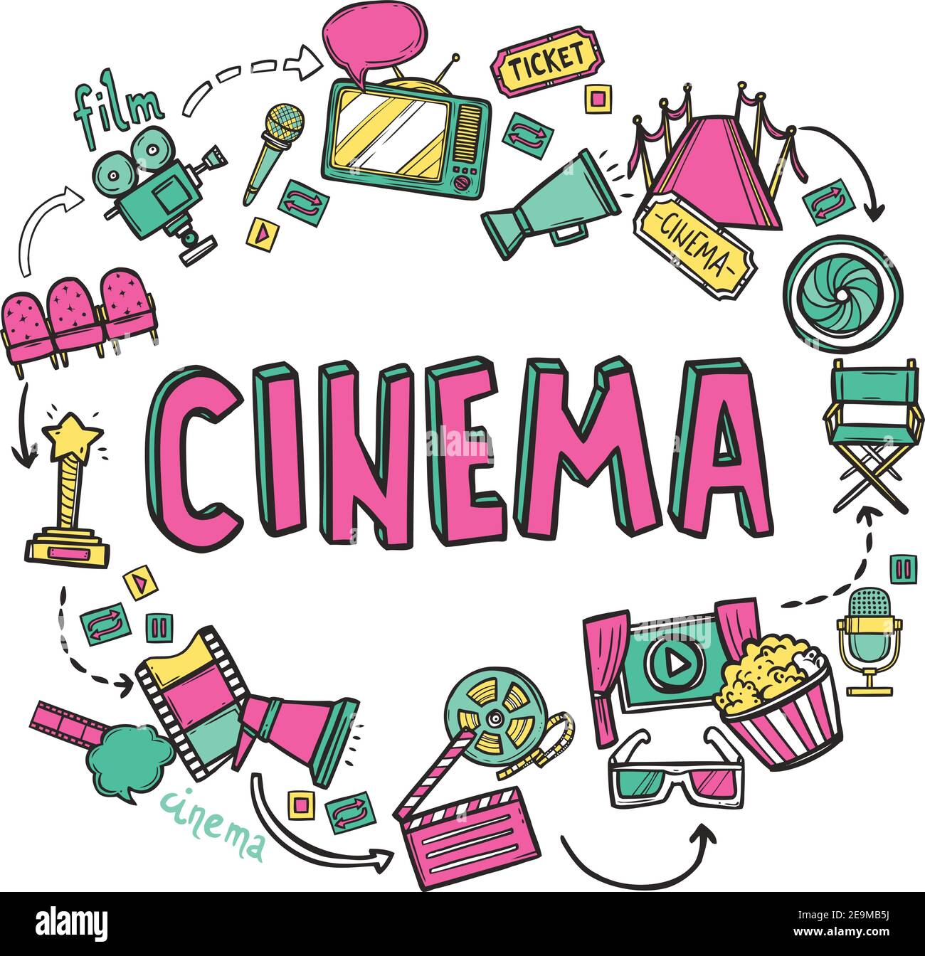 Cinema design concept with hand drawn movie art icons set vector ...