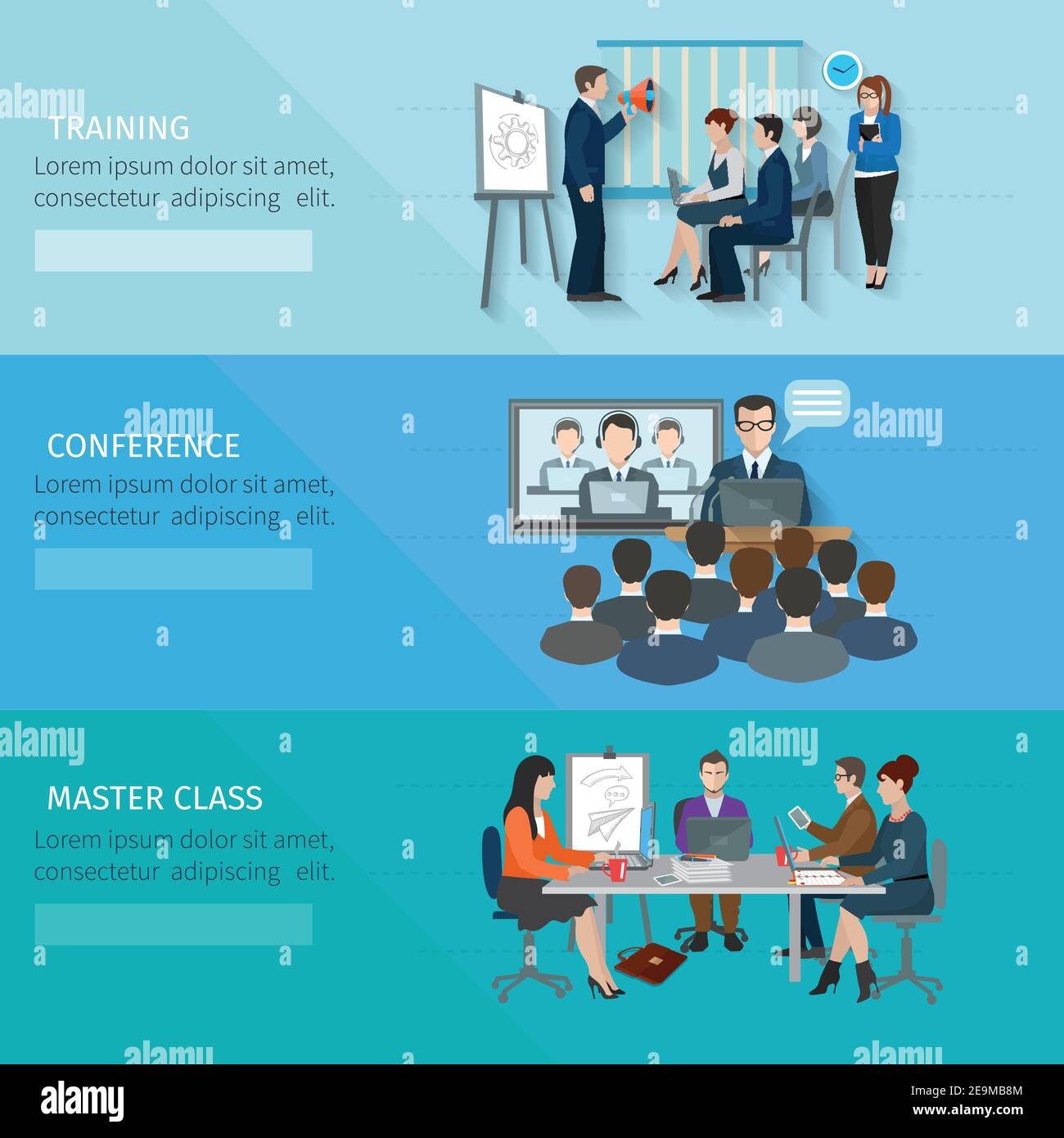 Conference banner set with training master class flat elements isolated ...