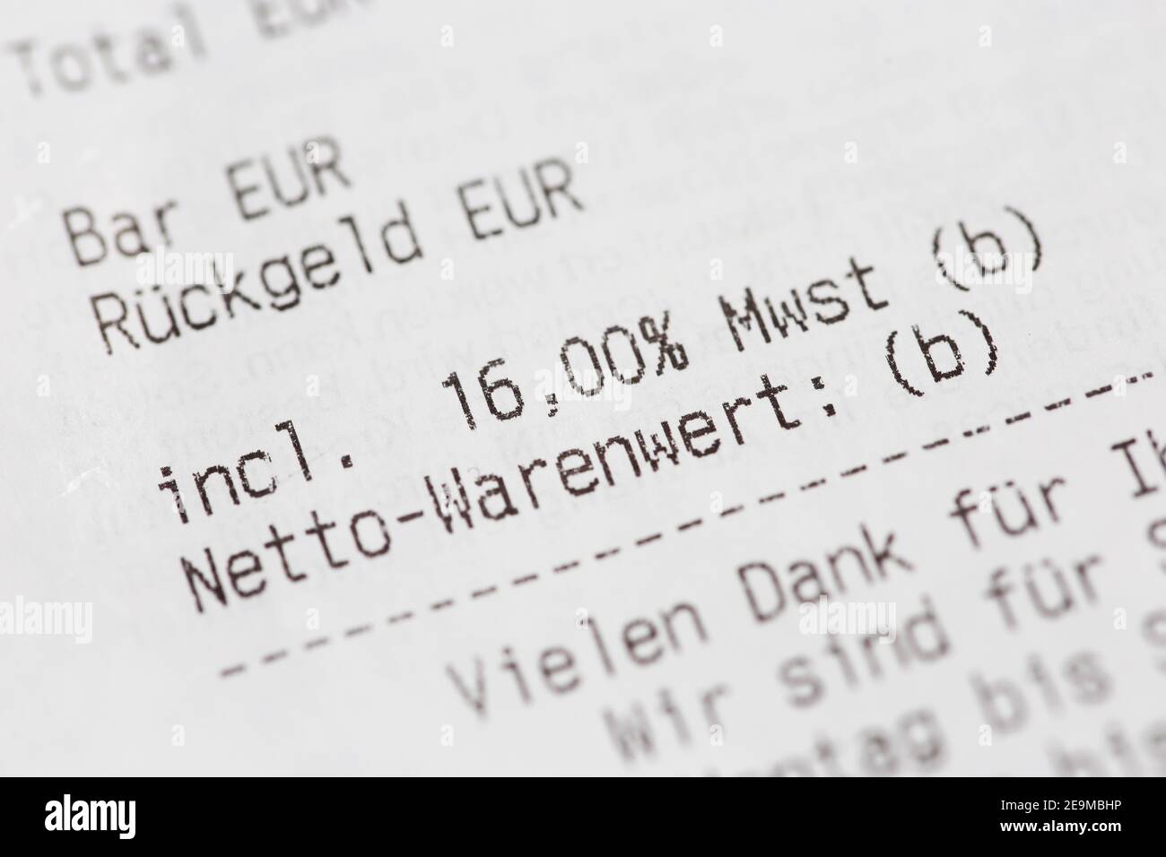 Close up of cash register receipt with sixteen percent VAT (Germany ...