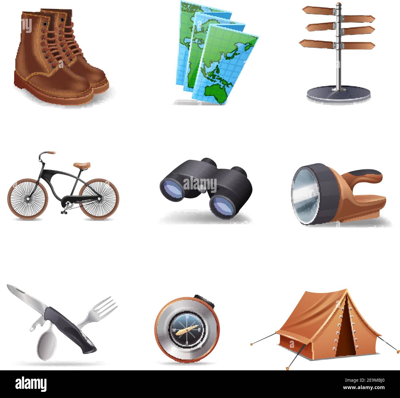 Hiking realistic decorative icons set with boots map bike isolated ...