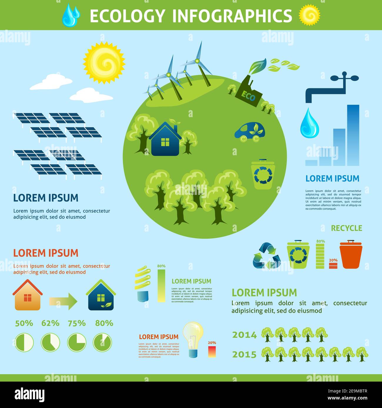 Ecology infographics set with green planet eco energy symbols and ...