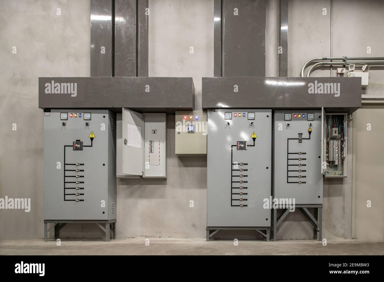 Electric voltage control room cabinets of condominium. Selective focus ...