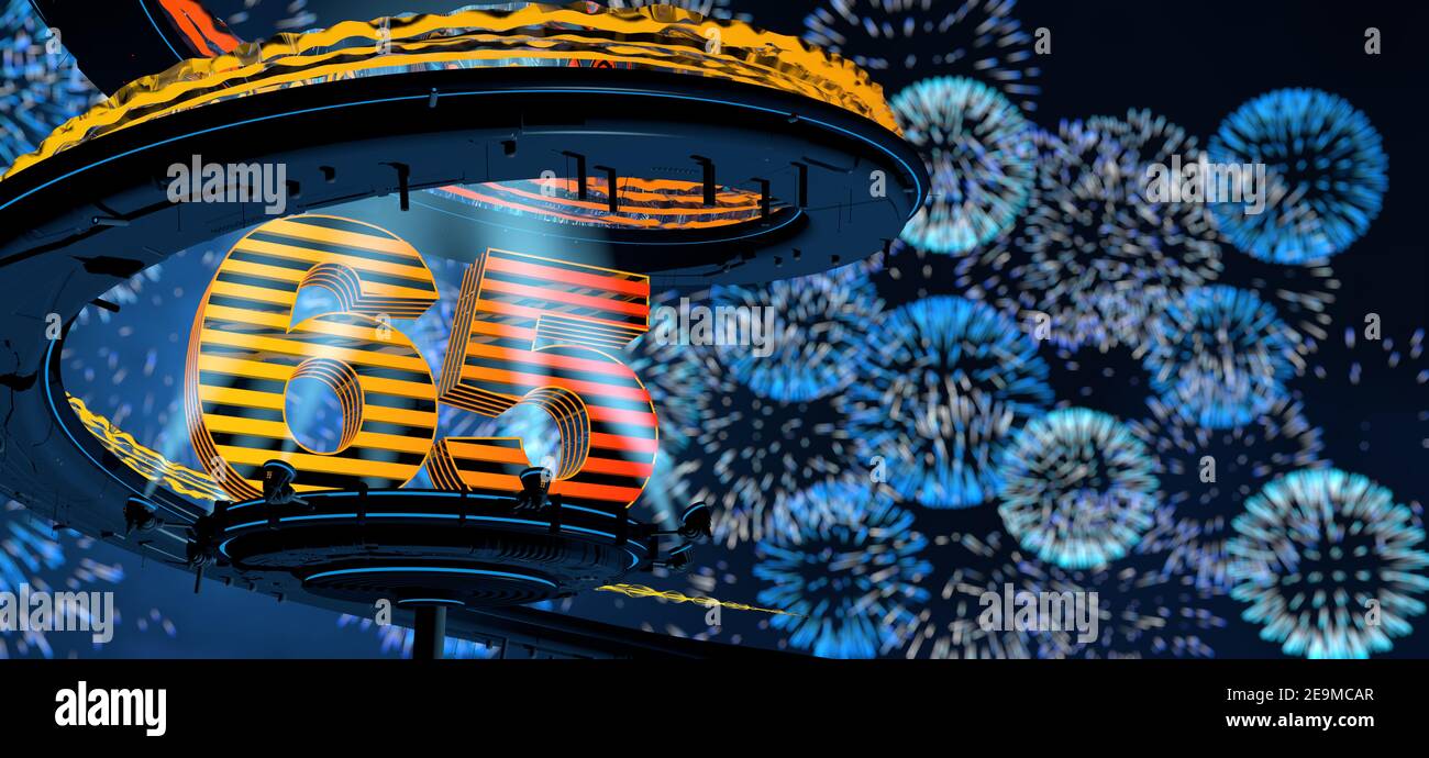 Number 65 formed by a yellow structure on a round metal platform ...