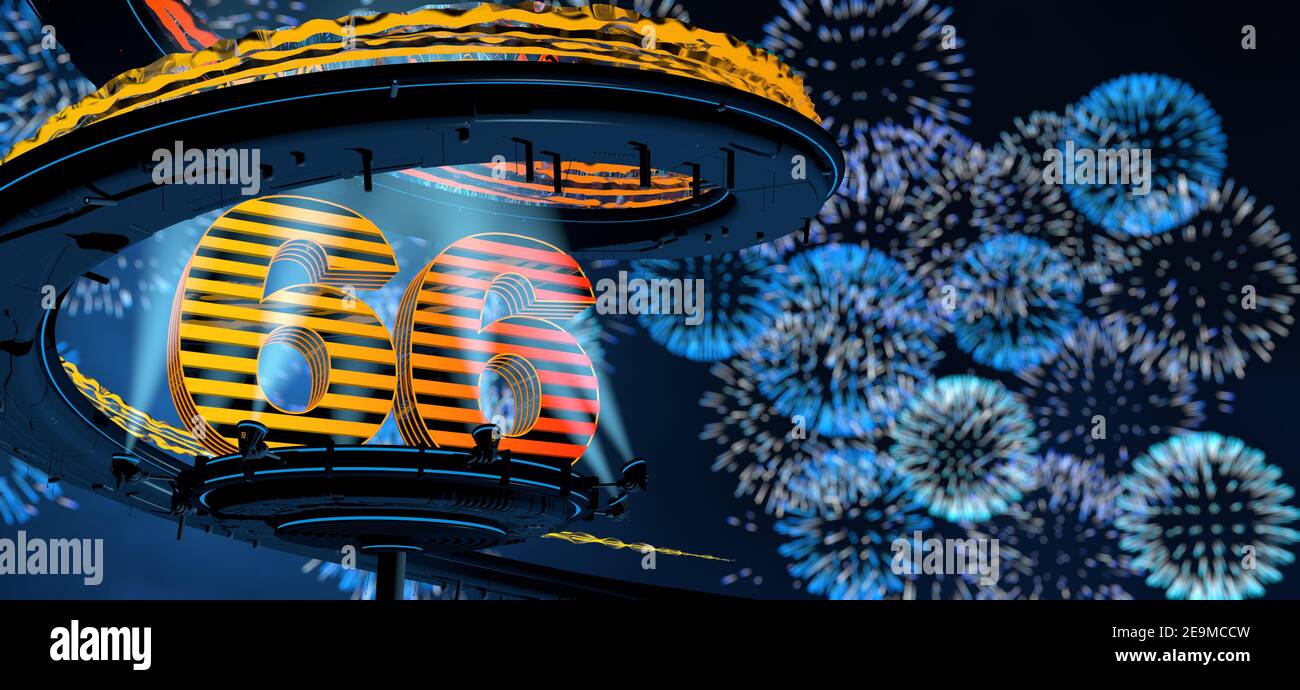 Number 66 formed by a yellow structure on a round metal platform ...