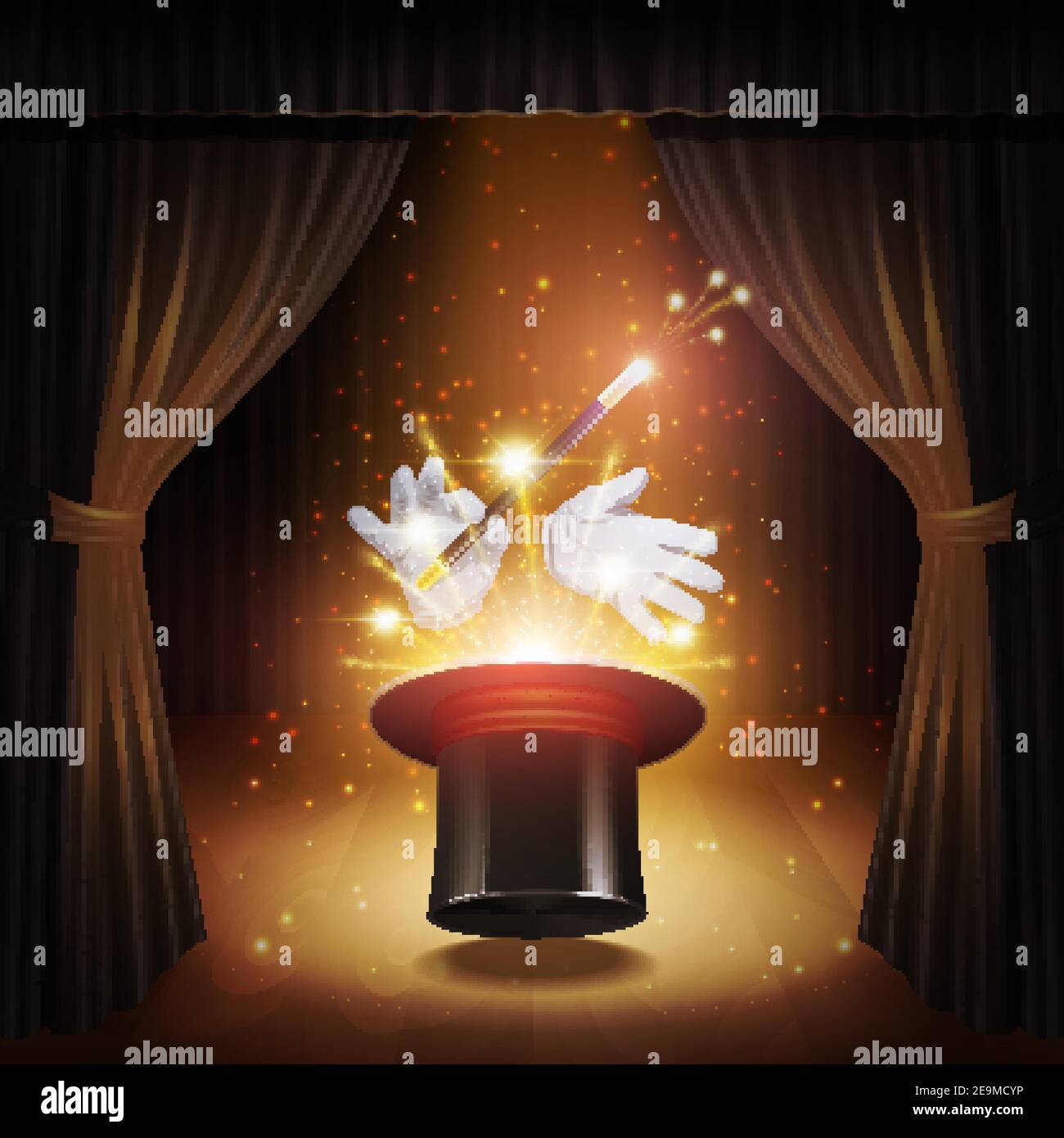 Magic trick poster with realistic magician cylinder gloves and stick ...