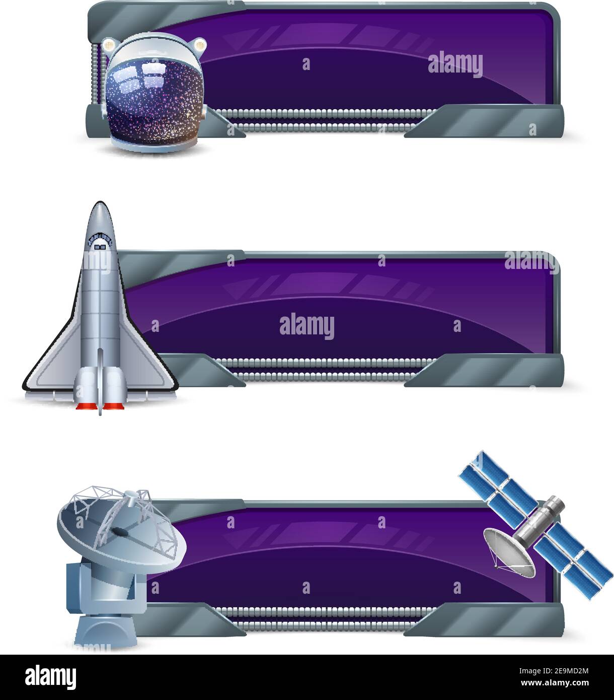 Space horizontal banner set with astronaut helmet rocket satellite ...