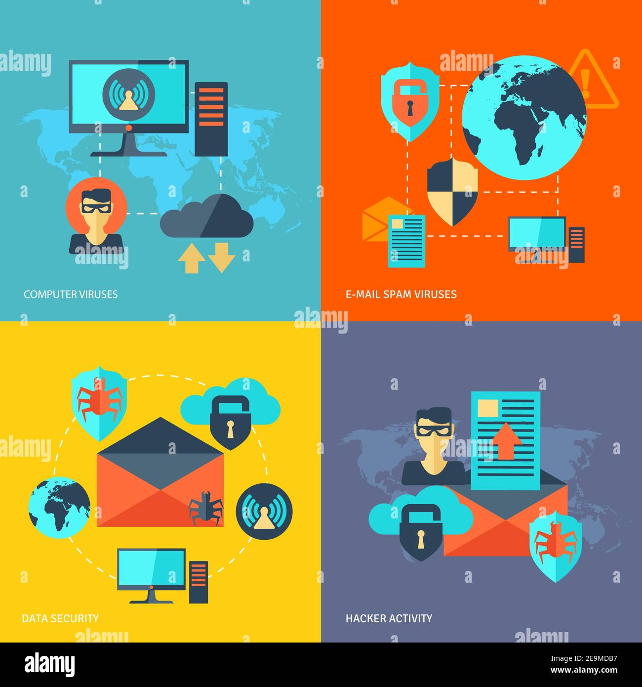 Network security design concept set with computer viruses e-mail spam hacker activity flat icons ...