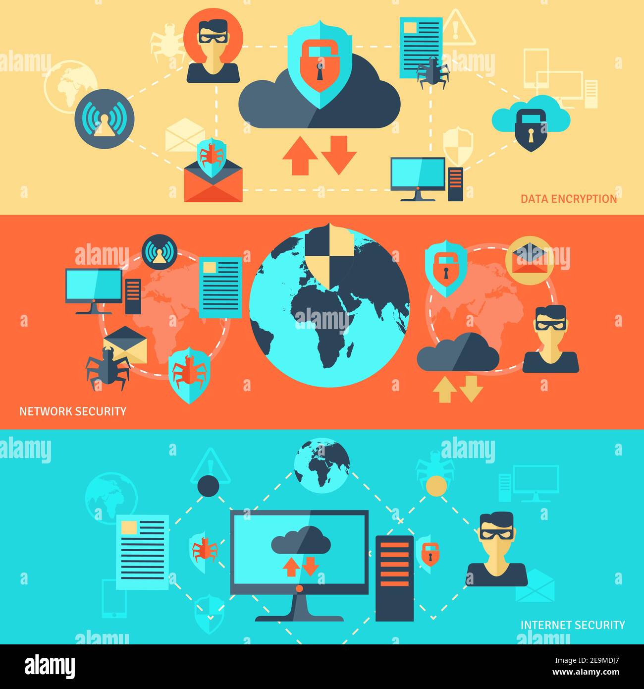 Network internet security banner set with data encryption elements isolated vector illustration ...