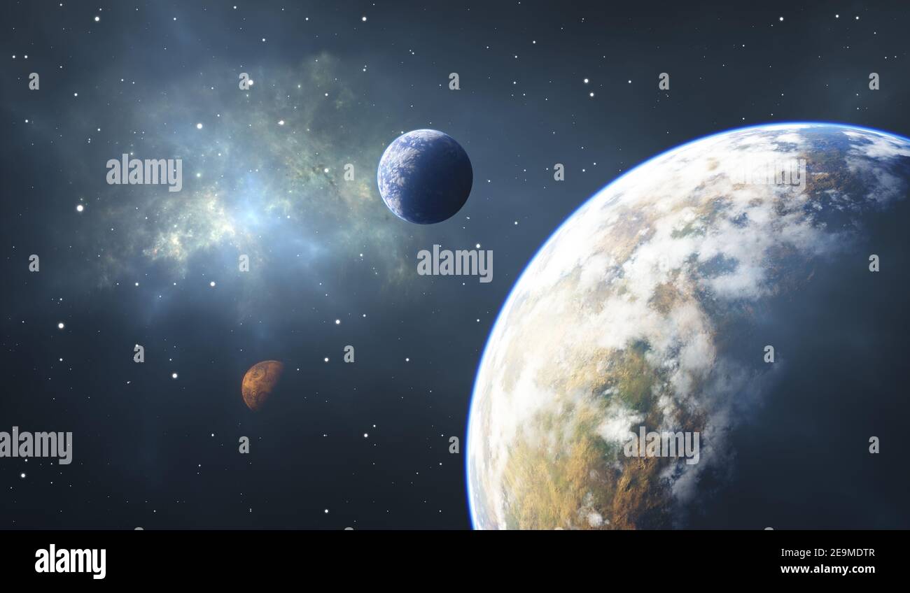 Rocky planets, Exoplanets or Extrasolar planets, space background. 3d ...