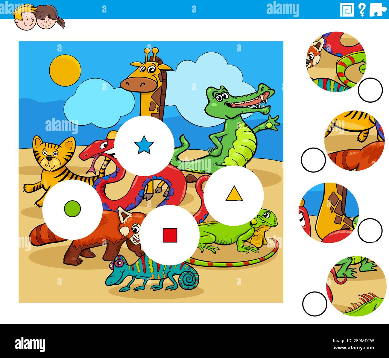 Cartoon illustration of educational match the pieces jigsaw puzzle game ...