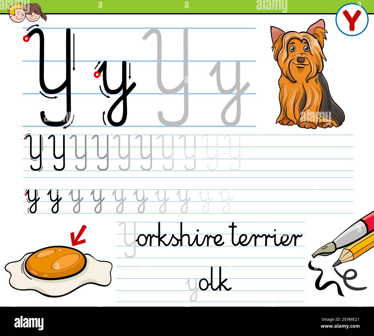 Cartoon illustration of writing skills practice worksheet with letter Y ...