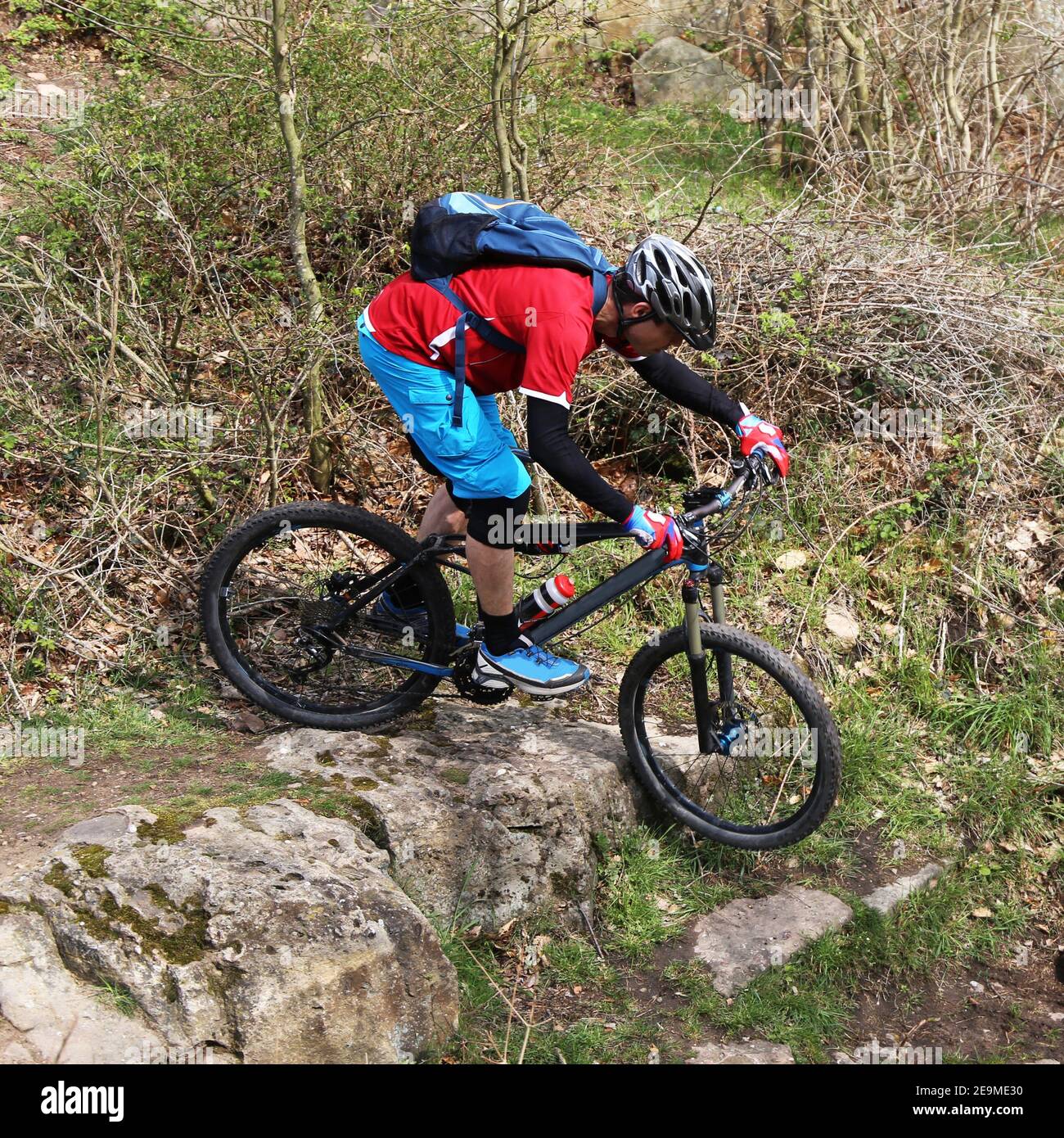 Mountain biker in difficult terrain (model released), Palatinate Forest ...