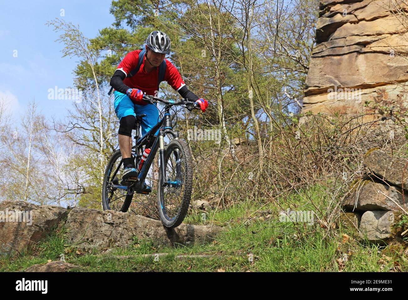 Mountain biker in difficult terrain (model released), Palatinate Forest ...