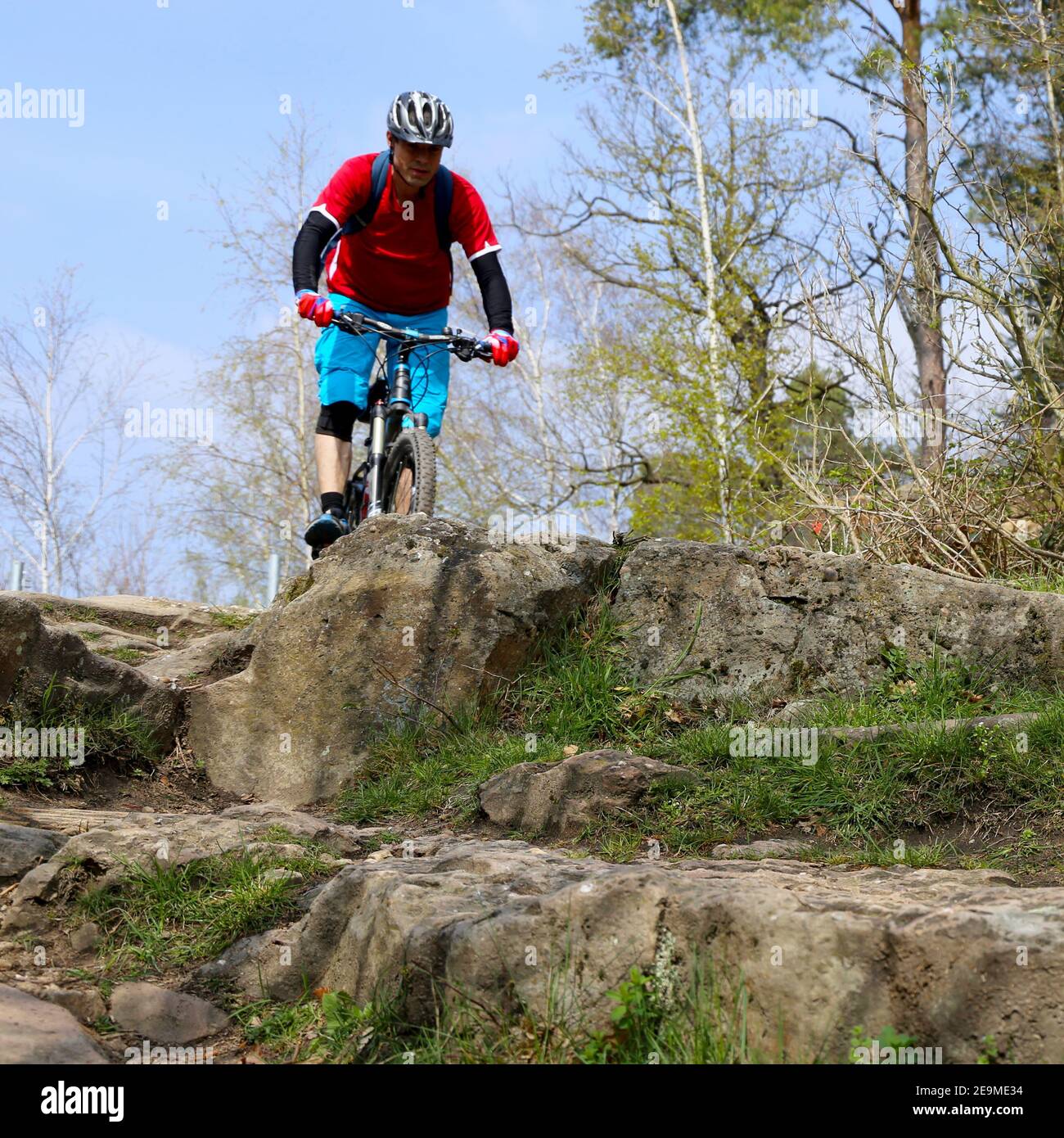 Mountain biker in difficult terrain (model released), Palatinate Forest ...