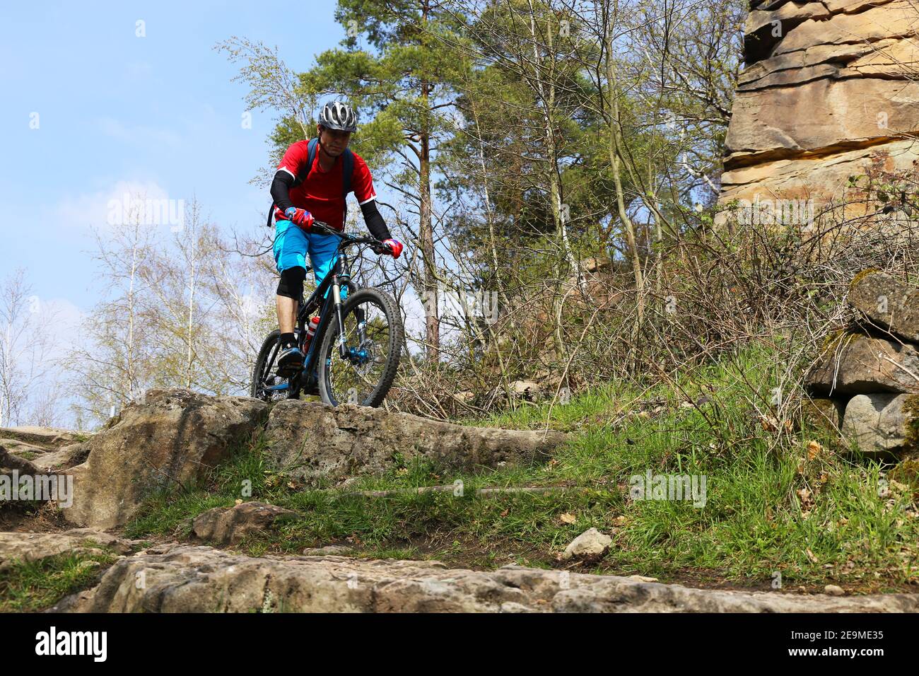 Mountain biker in difficult terrain (model released), Palatinate Forest ...