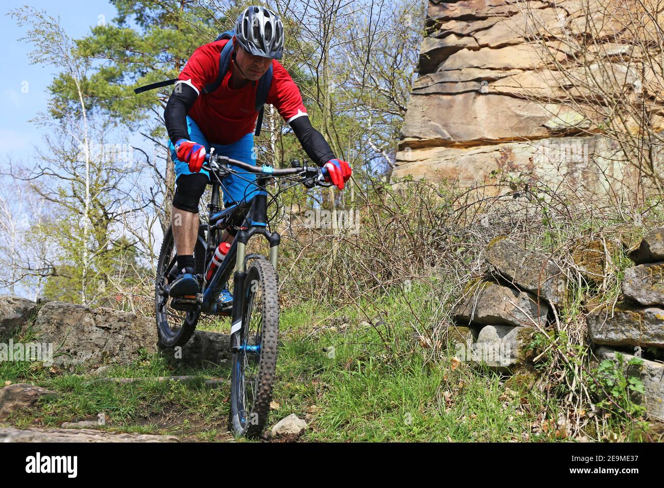 Mountain biker in difficult terrain (model released), Palatinate Forest ...