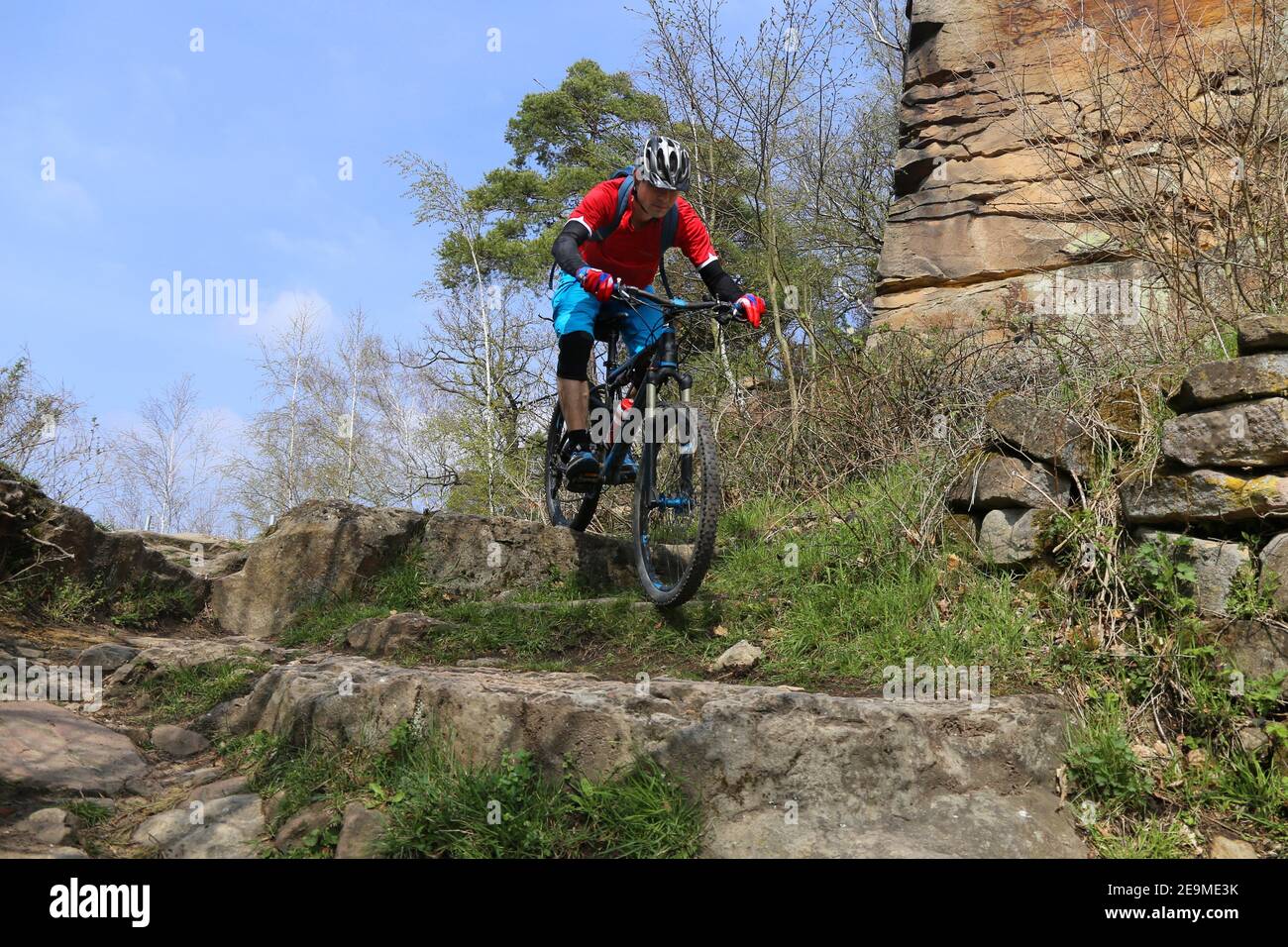 Mountain biker in difficult terrain (model released), Palatinate Forest ...
