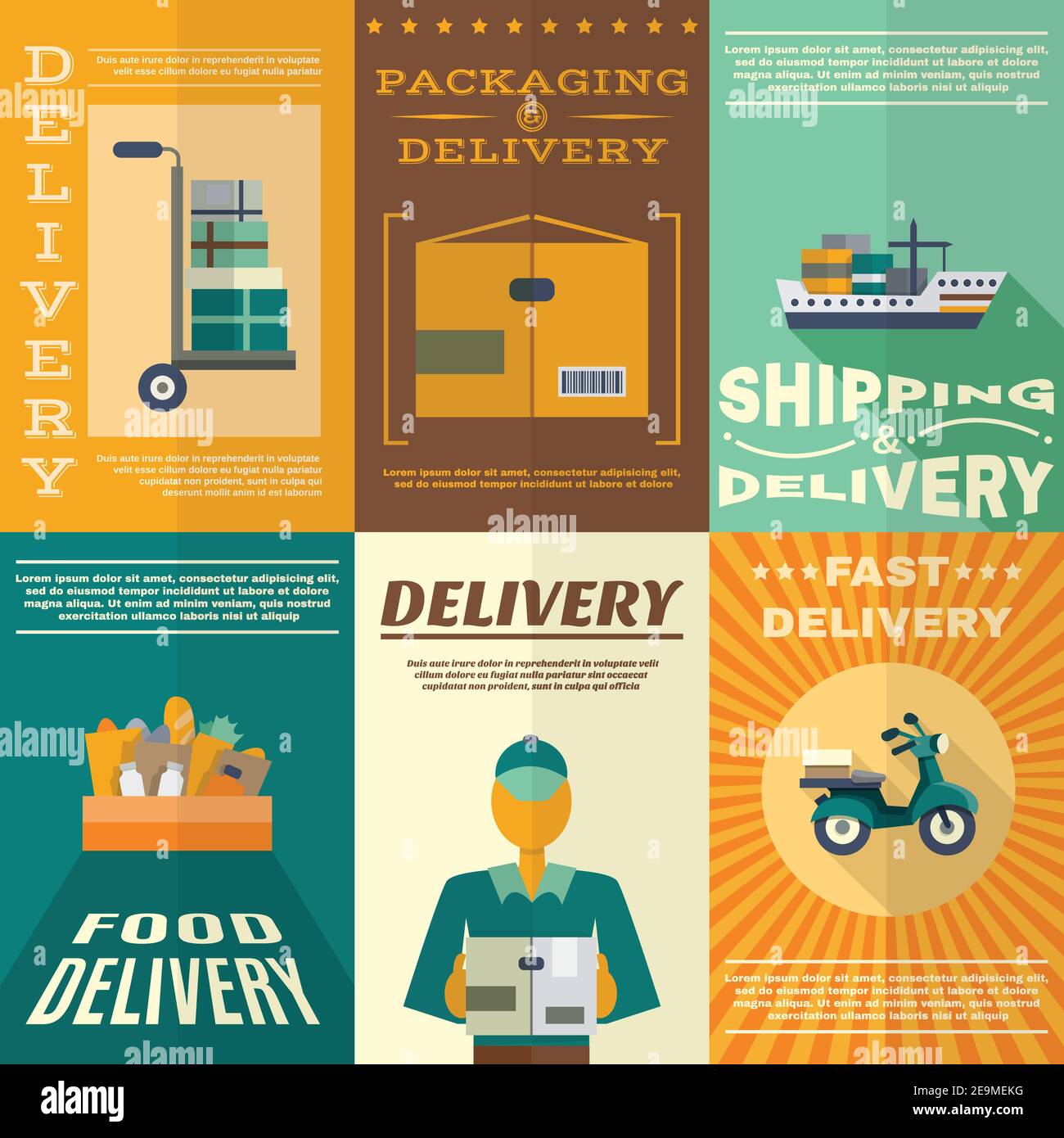 Delivery mini poster set with fast food packaging and shipping signs ...