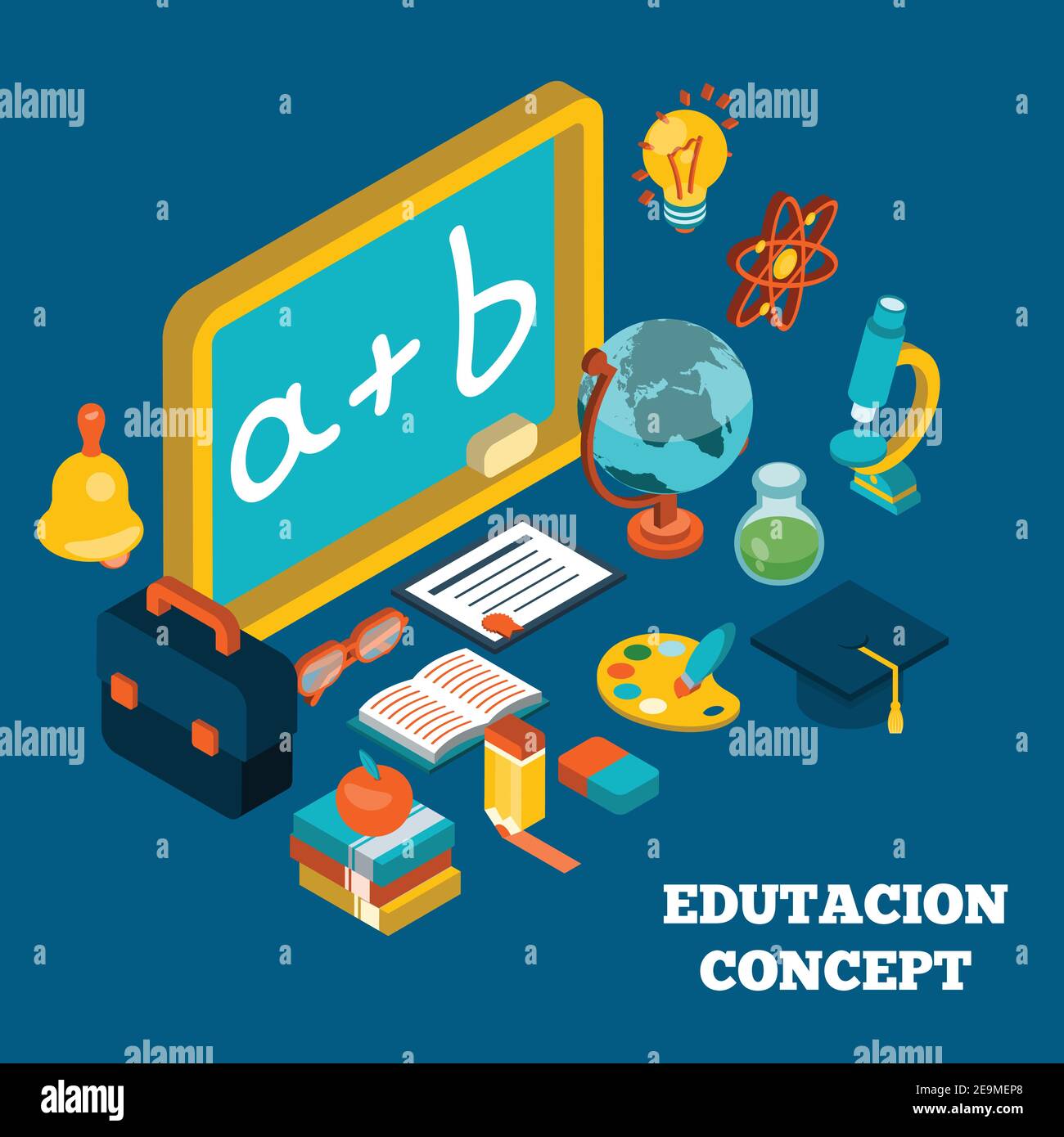 Education isometric concept with 3d blackboard and school learning ...
