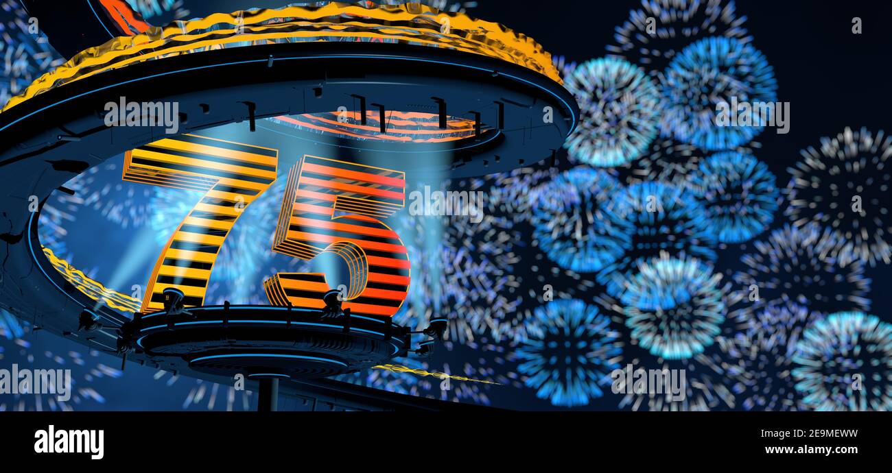 Number 75 formed by a yellow structure on a round metal platform ...