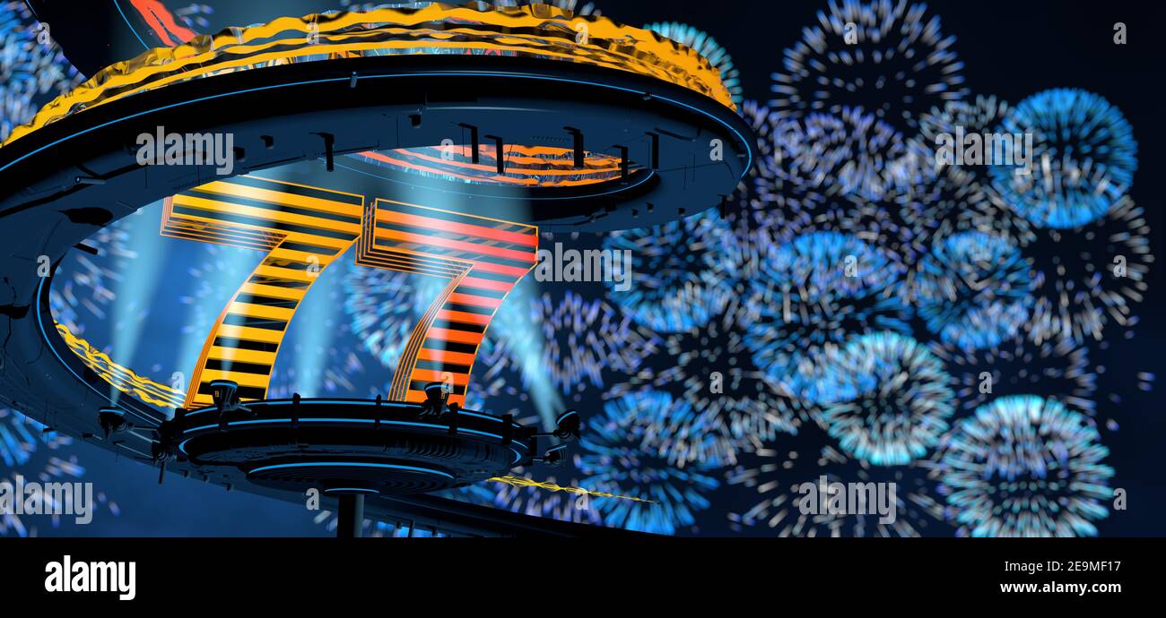 Number 77 formed by a yellow structure on a round metal platform ...