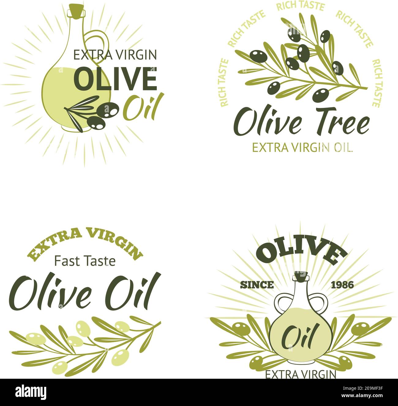 Natural organic olive oil emblems set with tree branches isolated ...
