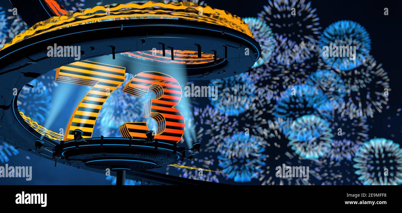 Number 73 formed by a yellow structure on a round metal platform ...
