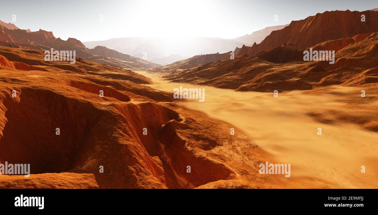 Dry river bed on Mars. Sunset on Mars. Martian landscape. 3D rendering ...