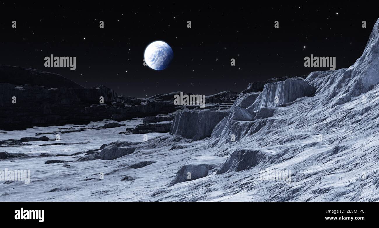 Earth rising over the Moon. 3d rendering Stock Photo - Alamy