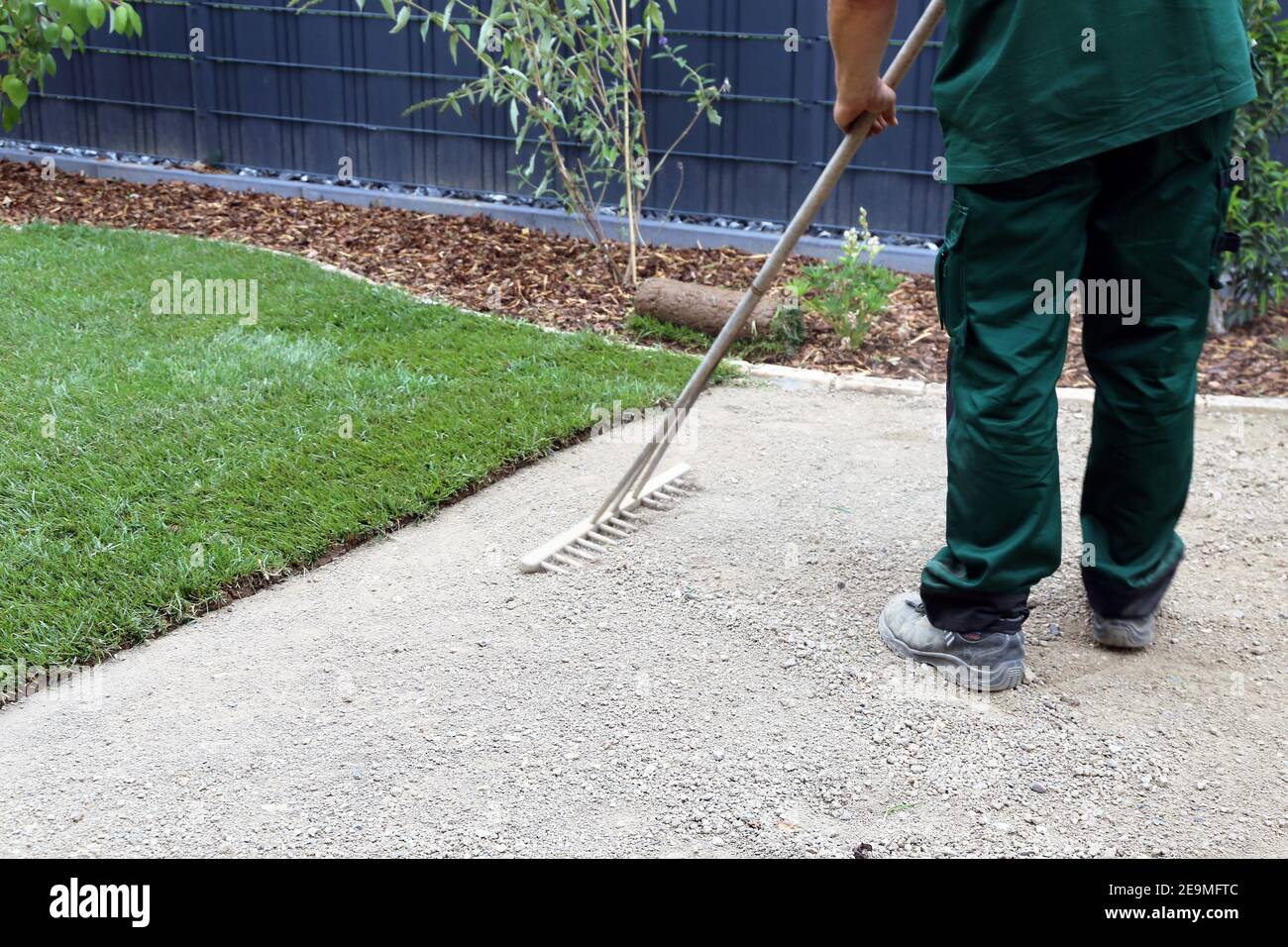 Gardener laying rolled turf in a back yard Stock Photo - Alamy