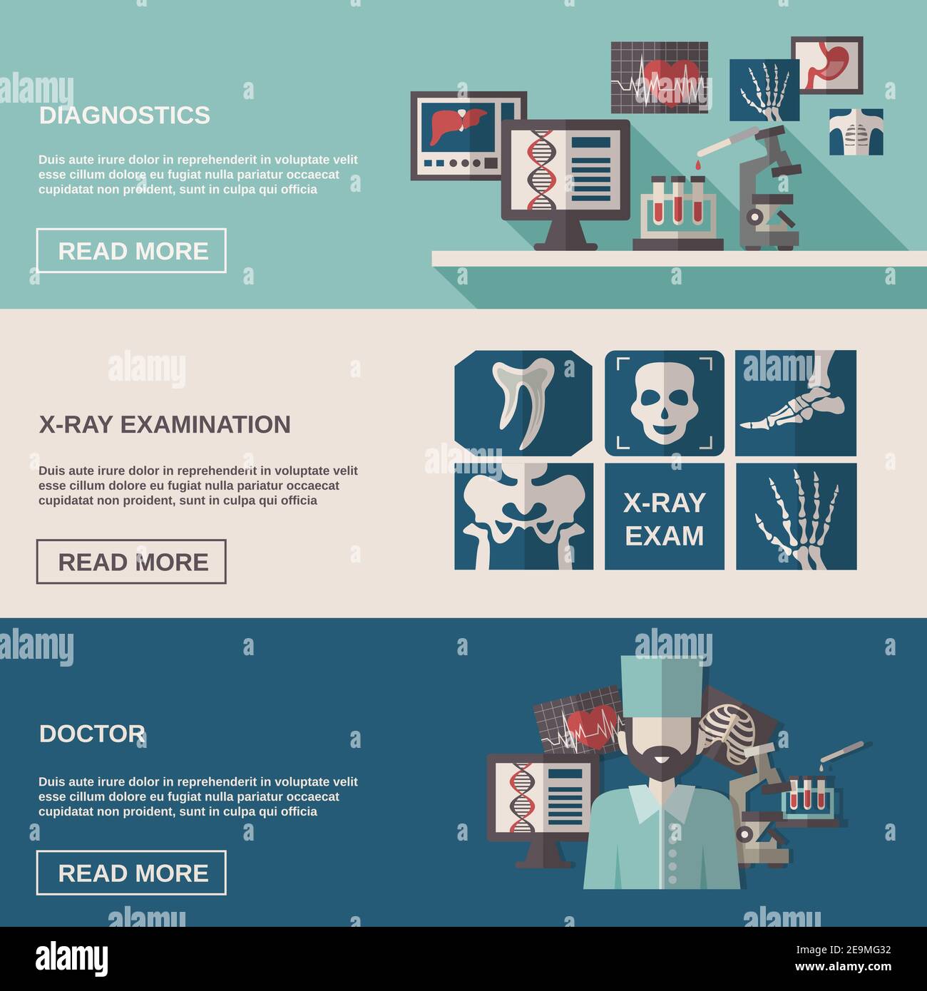 Ultrasound and x-ray horizontal banner set with medical diagnostic flat ...