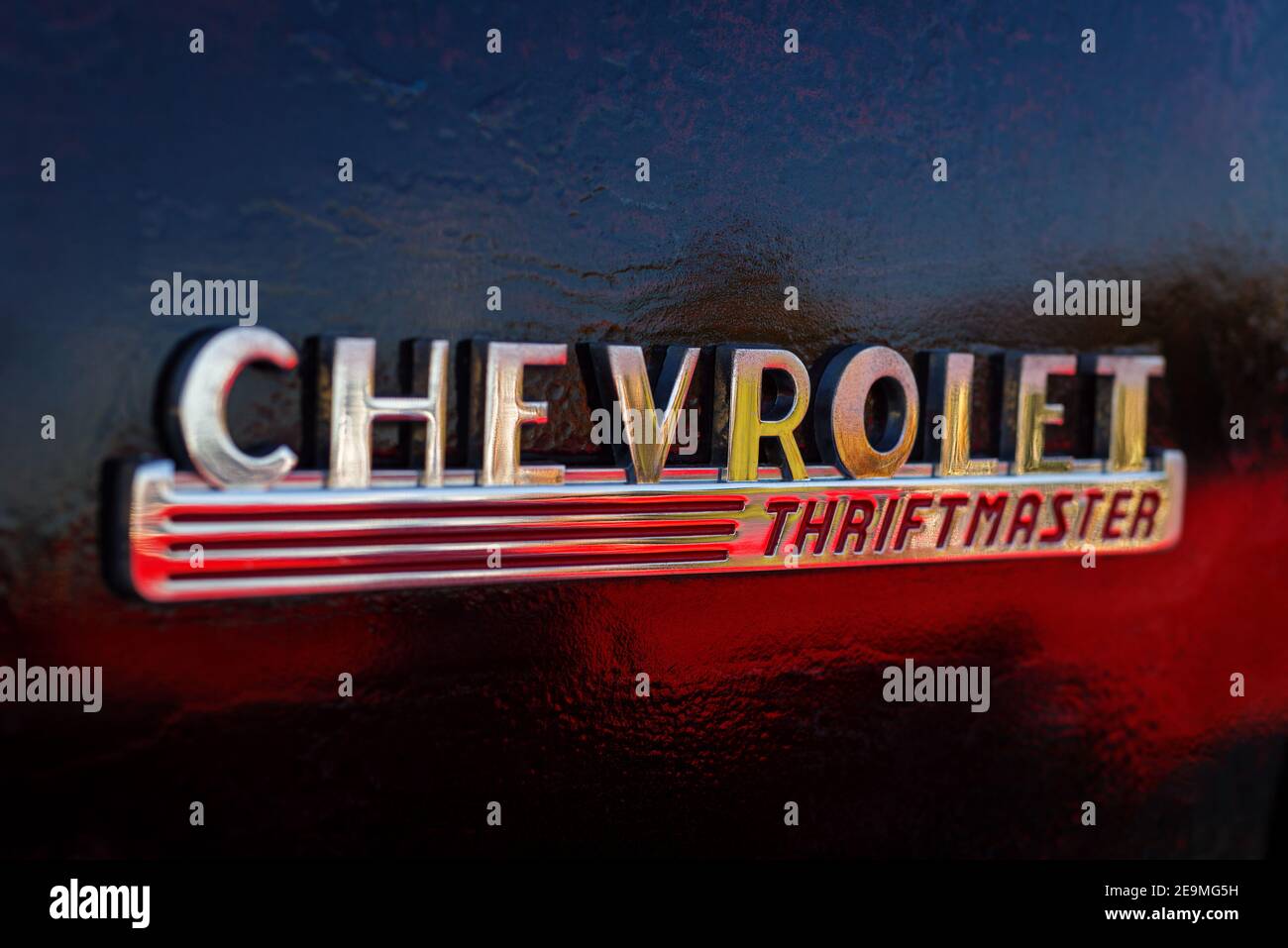 Chevrolet Thriftmaster pick-up truck car logo on a black vintage car ...
