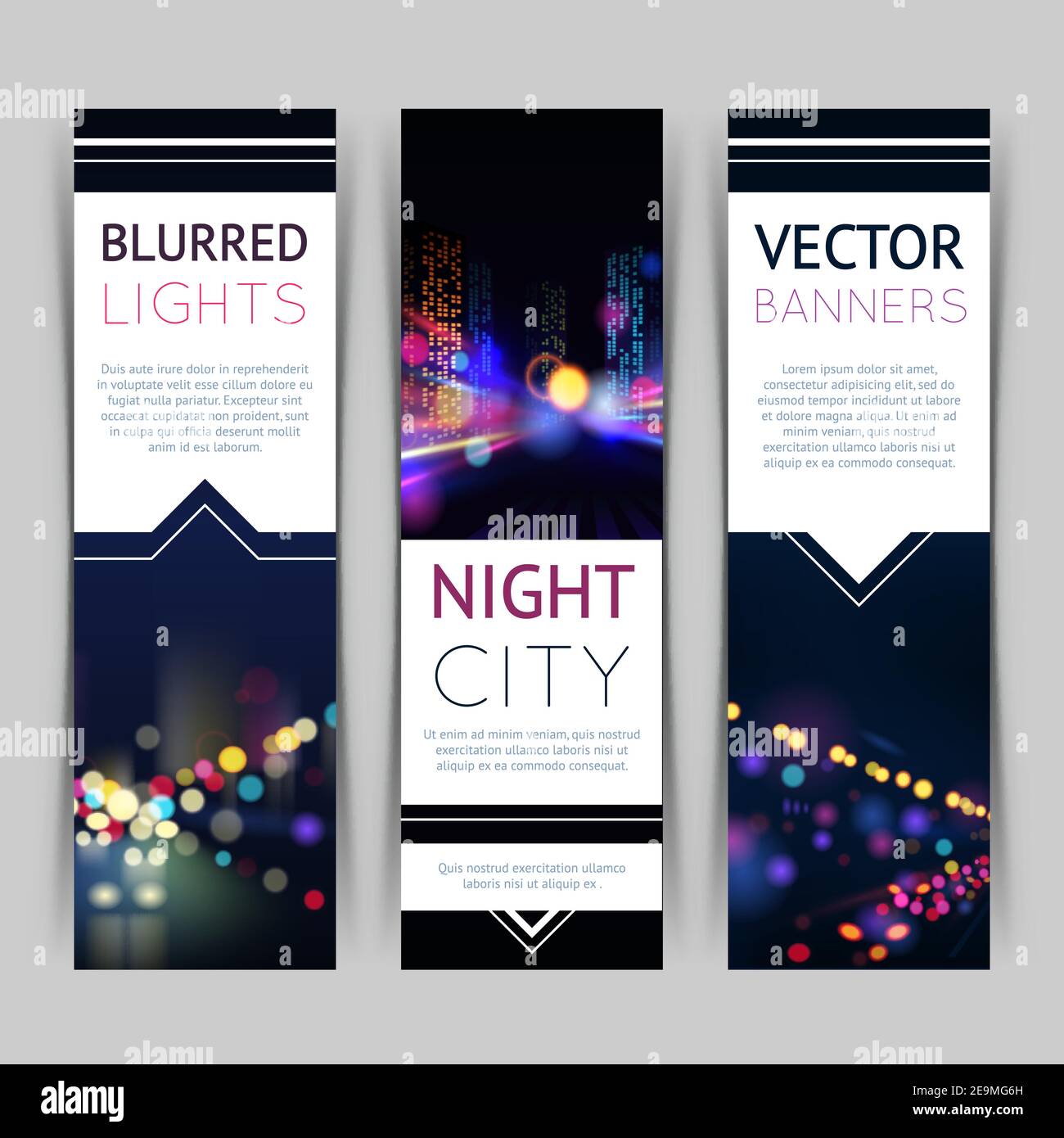 Blurred lights night city banner vertical set with isolated vector ...