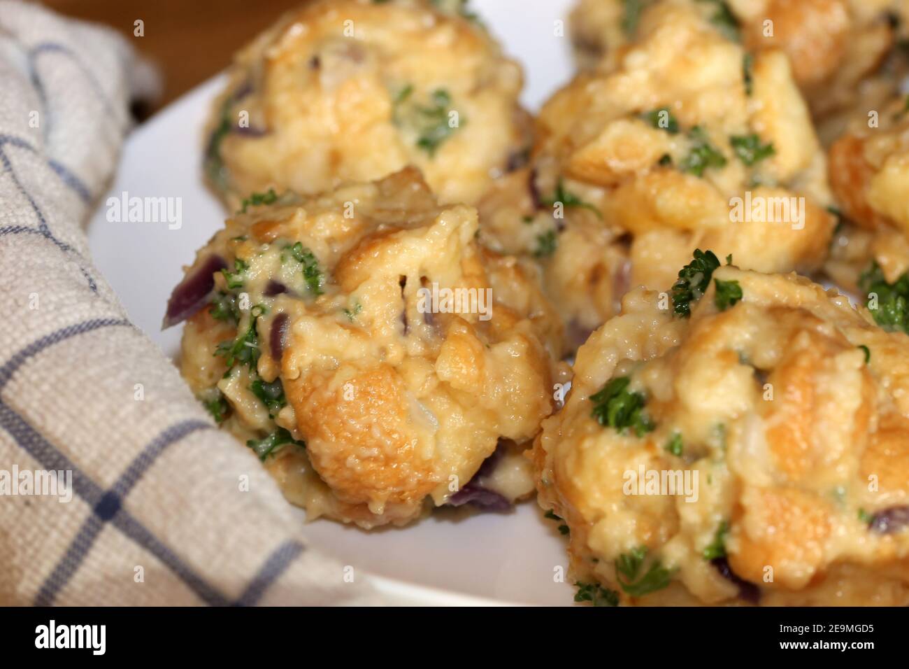 Close up of german bread dumplings, traditional side dish in Germany ...